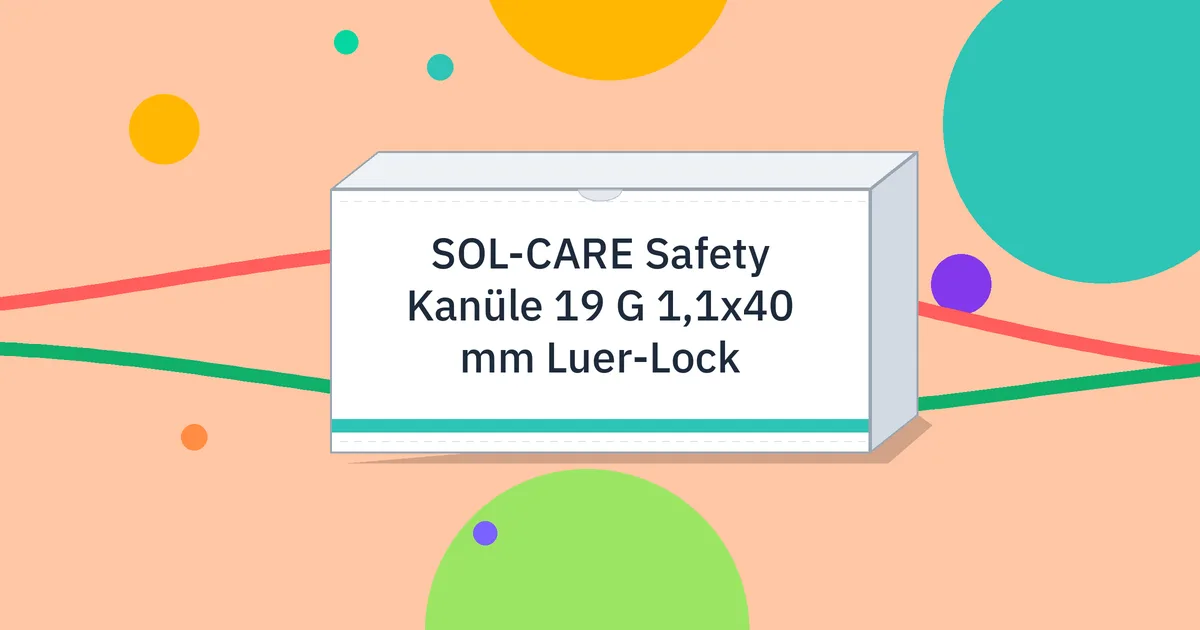 Symbolbild: Packung mit der Aufschrift SOL-CARE Safety Kanüle 19 G 1,1x40 mm Luer-Lock (PZN 20328091) – Verfügbarkeit und Bezug in Apotheken in Frankfurt am Main