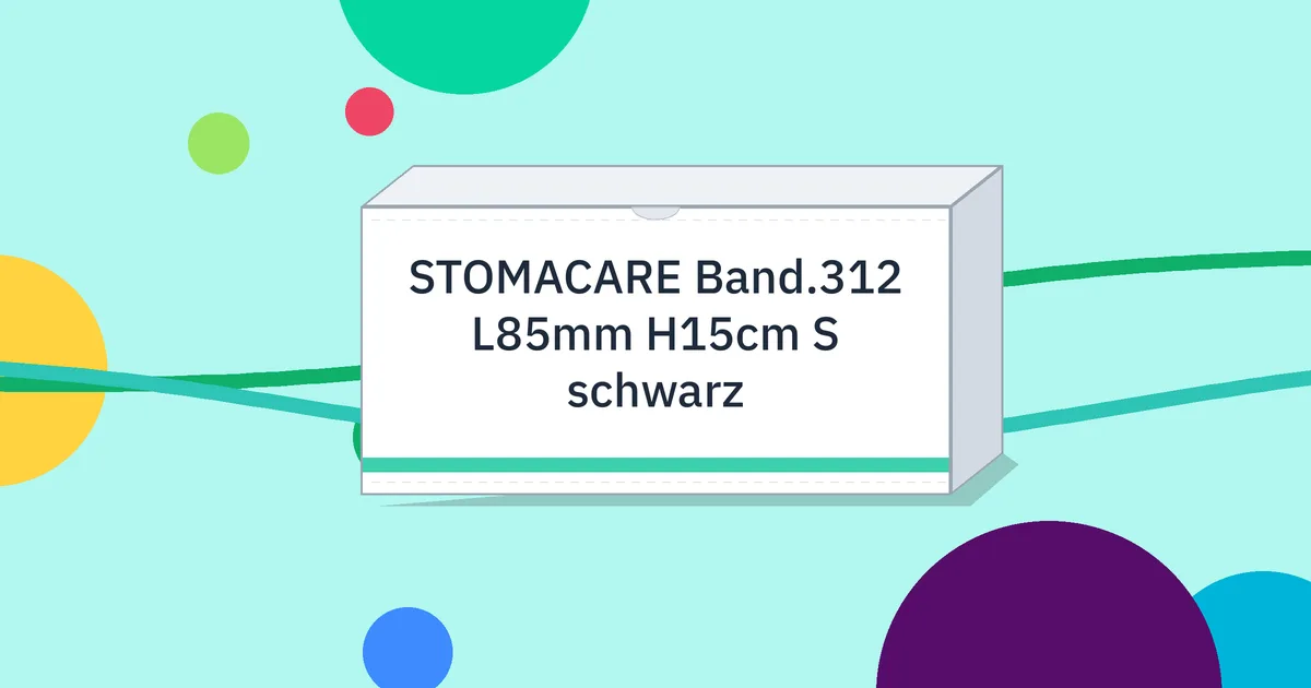 Symbolbild: Packung mit der Aufschrift STOMACARE Band.312 L85mm H15cm S schwarz (PZN 09437299) – Verfügbarkeit und Bezug in Apotheken in Frankfurt am Main