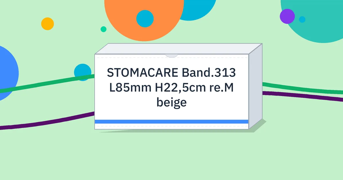 Symbolbild: Packung mit der Aufschrift STOMACARE Band.313 L85mm H22,5cm re.M beige (PZN 10840824) – Verfügbarkeit und Bezug in Apotheken in Frankfurt am Main