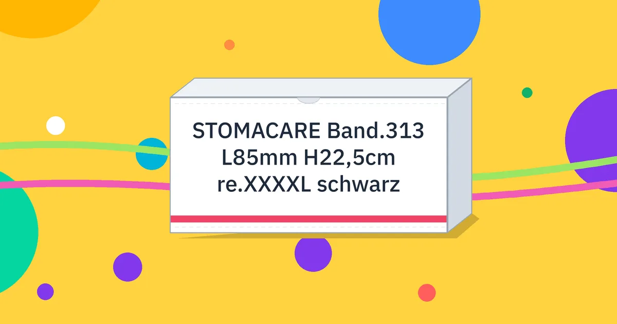 Symbolbild: Packung mit der Aufschrift STOMACARE Band.313 L85mm H22,5cm re.XXXXL schwarz (PZN 10841700) – Verfügbarkeit und Bezug in Apotheken in Frankfurt am Main