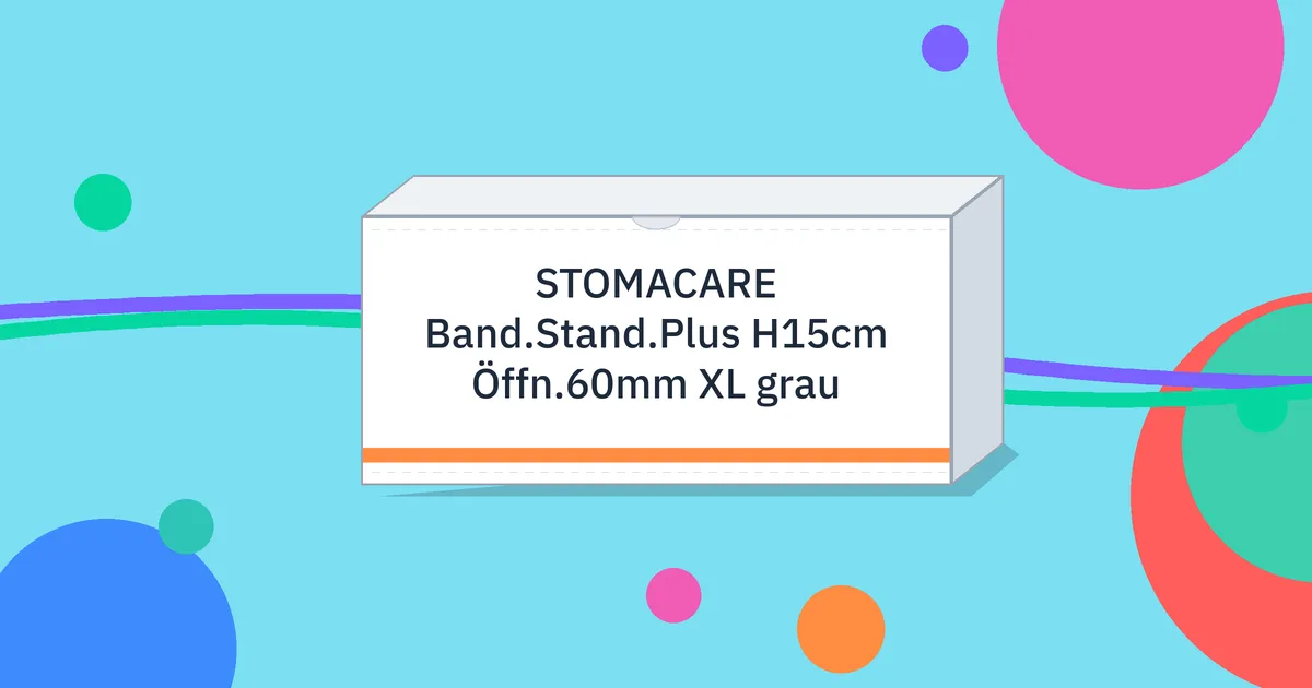 Symbolbild: Packung mit der Aufschrift STOMACARE Band.Stand.Plus H15cm Öffn.60mm XL grau (PZN 16750306) – Verfügbarkeit und Bezug in Apotheken in Frankfurt am Main