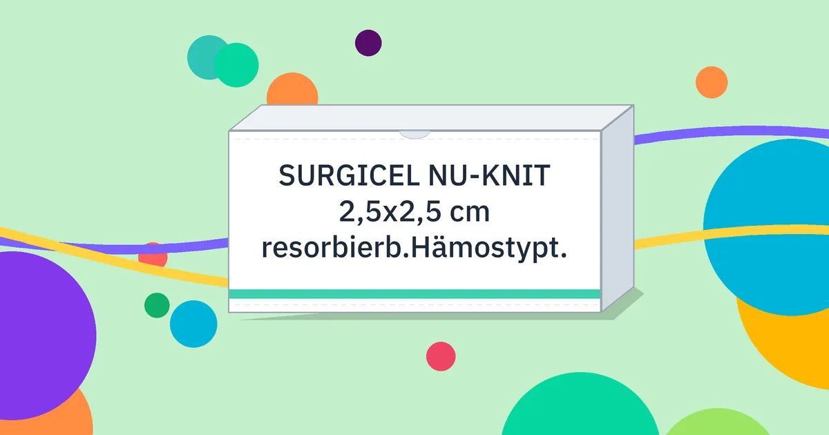 Symbolbild: Packung mit der Aufschrift SURGICEL NU-KNIT 2,5x2,5 cm resorbierb.Hämostypt. (PZN 18798990) – Verfügbarkeit und Bezug in Apotheken in Frankfurt am Main