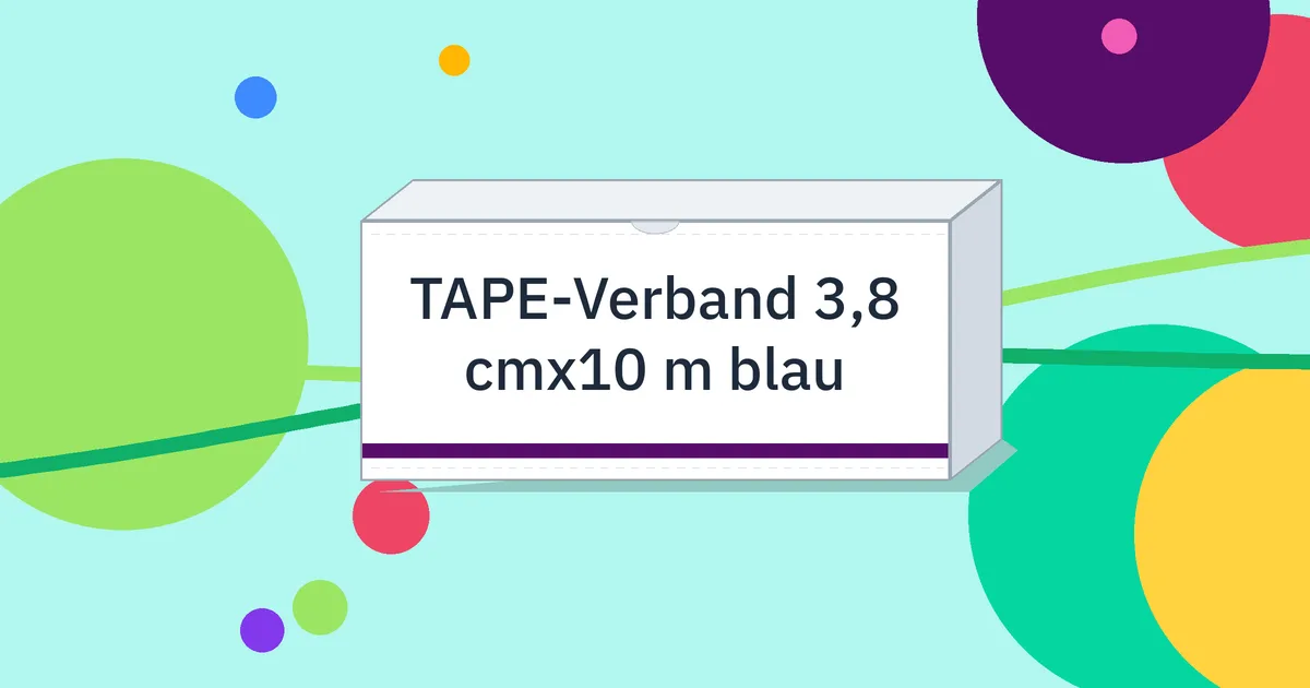 Symbolbild: Packung mit der Aufschrift TAPE-Verband 3,8 cmx10 m blau (PZN 01566904) – Verfügbarkeit und Bezug in Apotheken in Frankfurt am Main