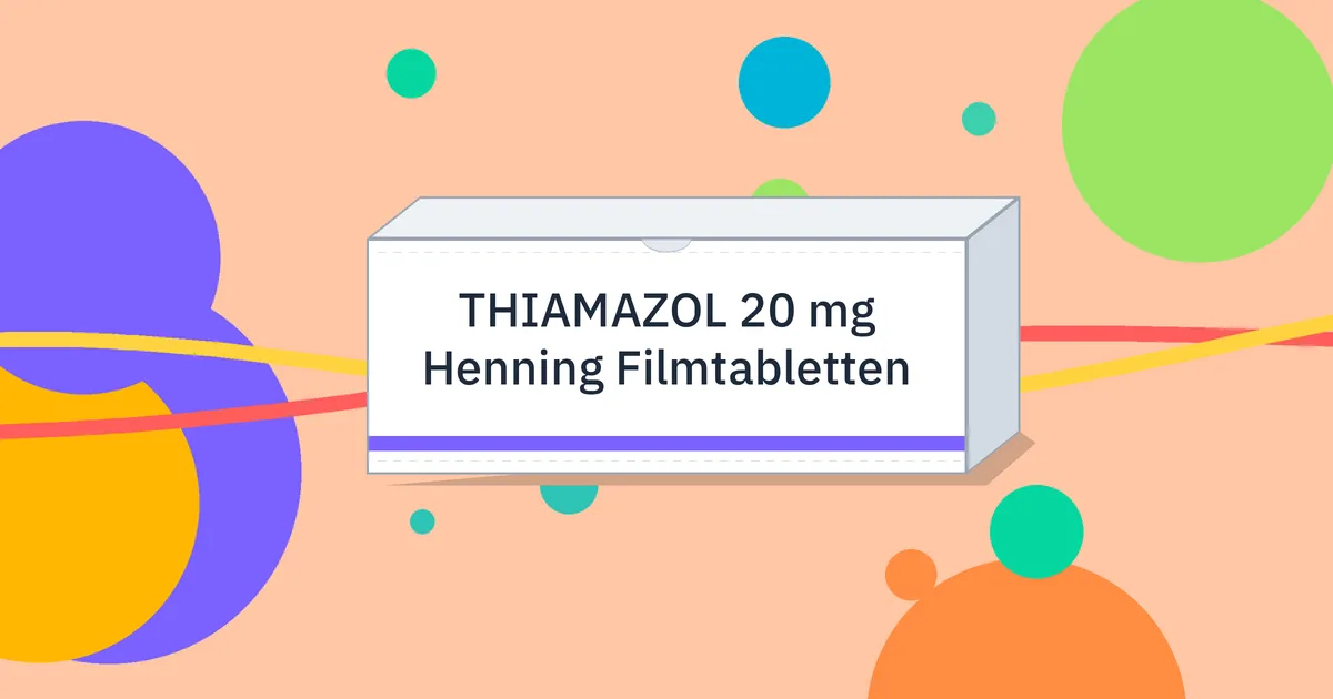 Symbolbild: Packung mit der Aufschrift THIAMAZOL 20 mg Henning Filmtabletten (PZN 02708631) – Verfügbarkeit und Bezug in Apotheken in Frankfurt am Main