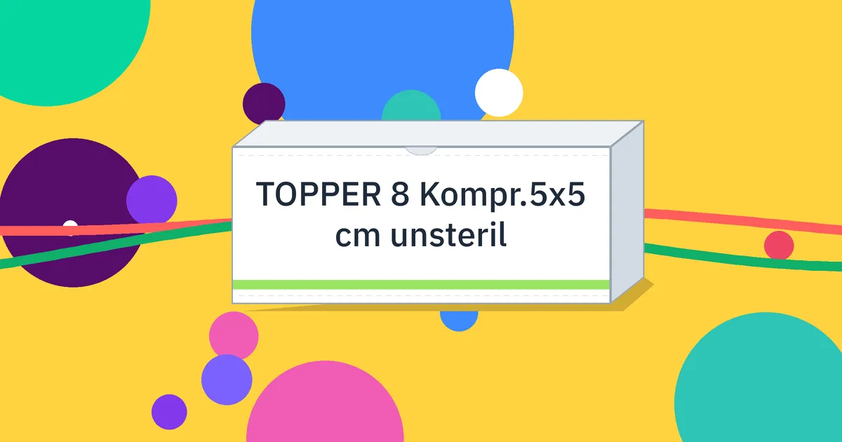 Symbolbild: Packung mit der Aufschrift TOPPER 8 Kompr.5x5 cm unsteril (PZN 03420464) – Verfügbarkeit und Bezug in Apotheken in Frankfurt am Main
