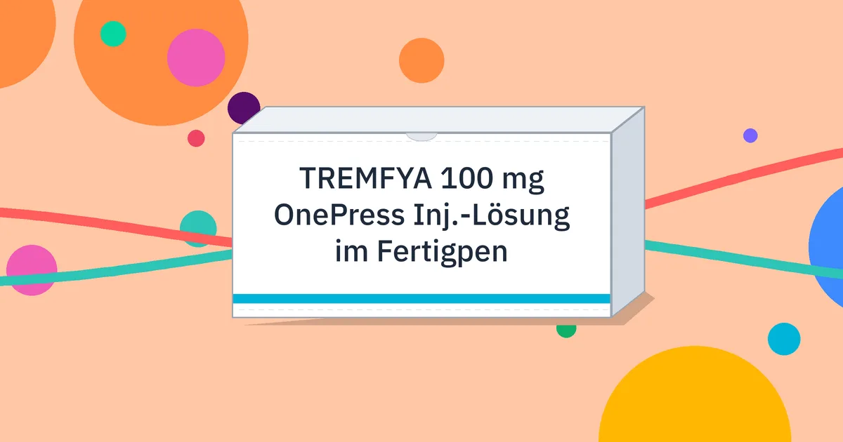 Symbolbild: Packung mit der Aufschrift TREMFYA 100 mg OnePress Inj.-Lösung im Fertigpen (PZN 20807874) – Verfügbarkeit und Bezug in Apotheken in Frankfurt am Main