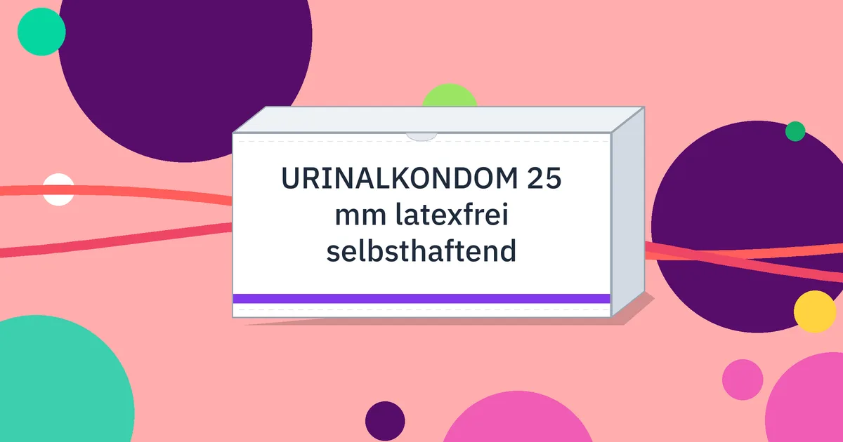 Symbolbild: Packung mit der Aufschrift URINALKONDOM 25 mm latexfrei selbsthaftend (PZN 03947007) – Verfügbarkeit und Bezug in Apotheken in Frankfurt am Main