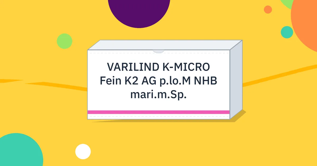 Symbolbild: Packung mit der Aufschrift VARILIND K-MICRO Fein K2 AG p.lo.M NHB mari.m.Sp. (PZN 20556254) – Verfügbarkeit und Bezug in Apotheken in Frankfurt am Main