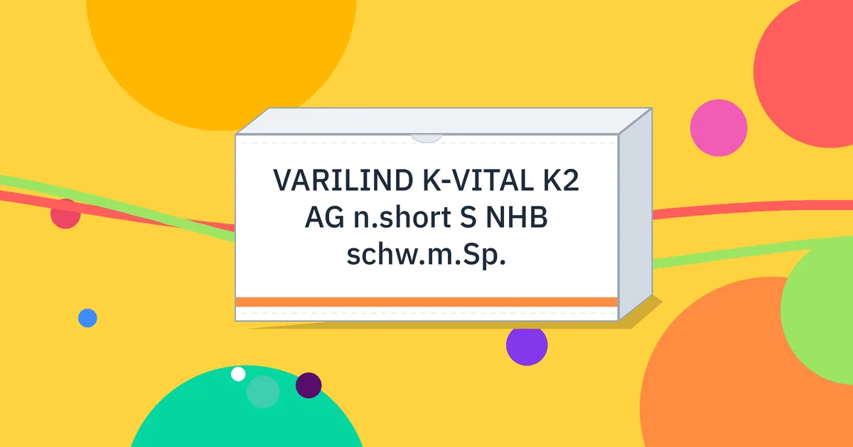Symbolbild: Packung mit der Aufschrift VARILIND K-VITAL K2 AG n.short S NHB schw.m.Sp. (PZN 20565000) – Verfügbarkeit und Bezug in Apotheken in Frankfurt am Main