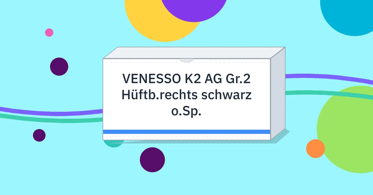 Symbolbild: Packung mit der Aufschrift VENESSO K2 AG Gr.2 Hüftb.rechts schwarz o.Sp. (PZN 03271768) – Verfügbarkeit und Bezug in Apotheken in Frankfurt am Main