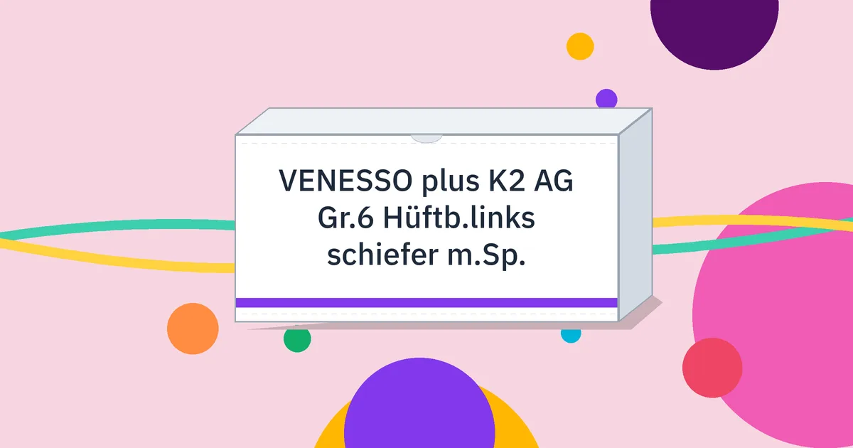Symbolbild: Packung mit der Aufschrift VENESSO plus K2 AG Gr.6 Hüftb.links schiefer m.Sp. (PZN 03308253) – Verfügbarkeit und Bezug in Apotheken in Frankfurt am Main