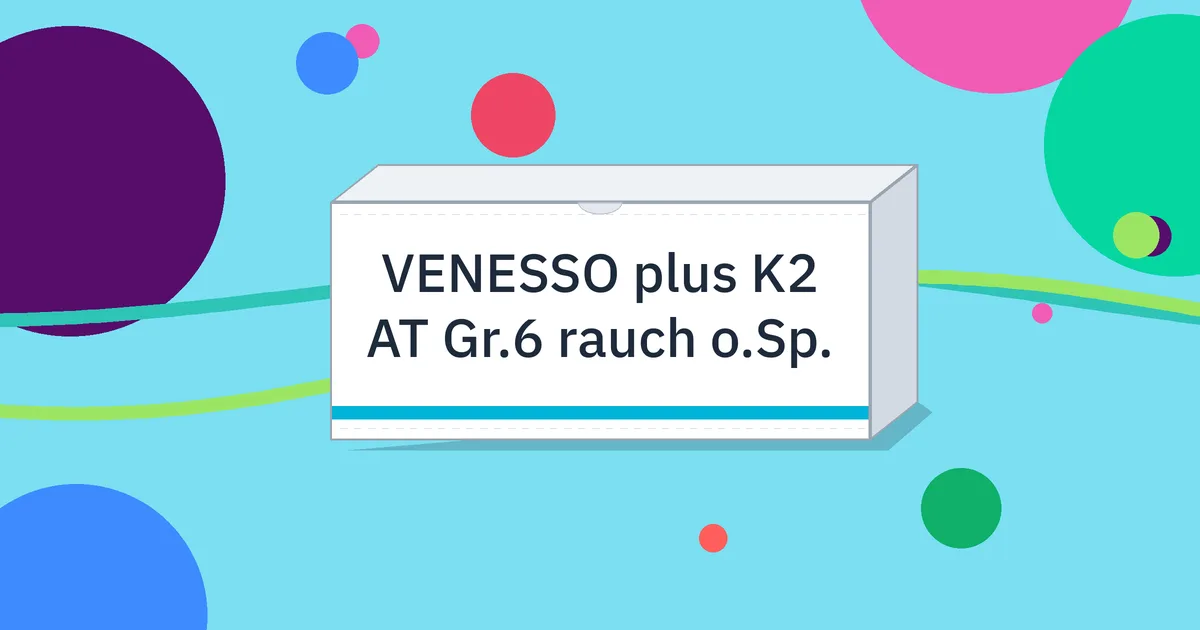 Symbolbild: Packung mit der Aufschrift VENESSO plus K2 AT Gr.6 rauch o.Sp. (PZN 03288119) – Verfügbarkeit und Bezug in Apotheken in Frankfurt am Main