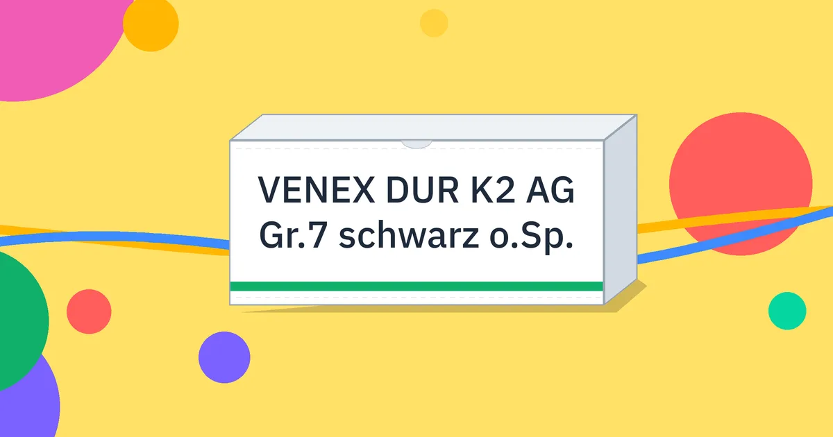 Symbolbild: Packung mit der Aufschrift VENEX DUR K2 AG Gr.7 schwarz o.Sp. (PZN 03217674) – Verfügbarkeit und Bezug in Apotheken in Frankfurt am Main