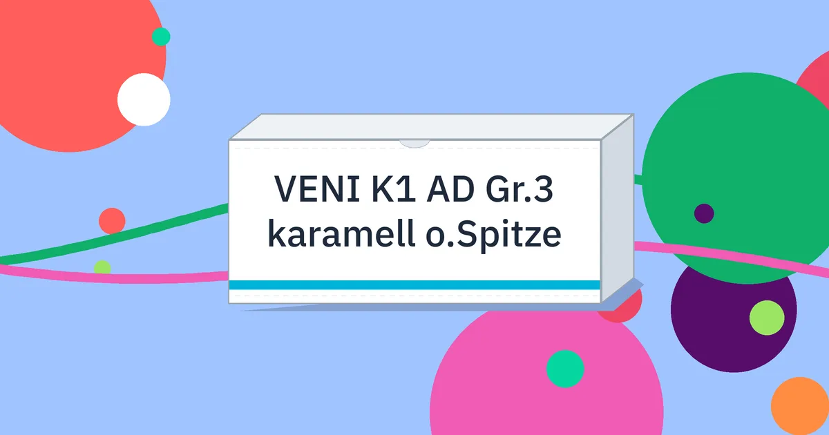 Symbolbild: Packung mit der Aufschrift VENI K1 AD Gr.3 karamell o.Spitze (PZN 13756113) – Verfügbarkeit und Bezug in Apotheken in Frankfurt am Main