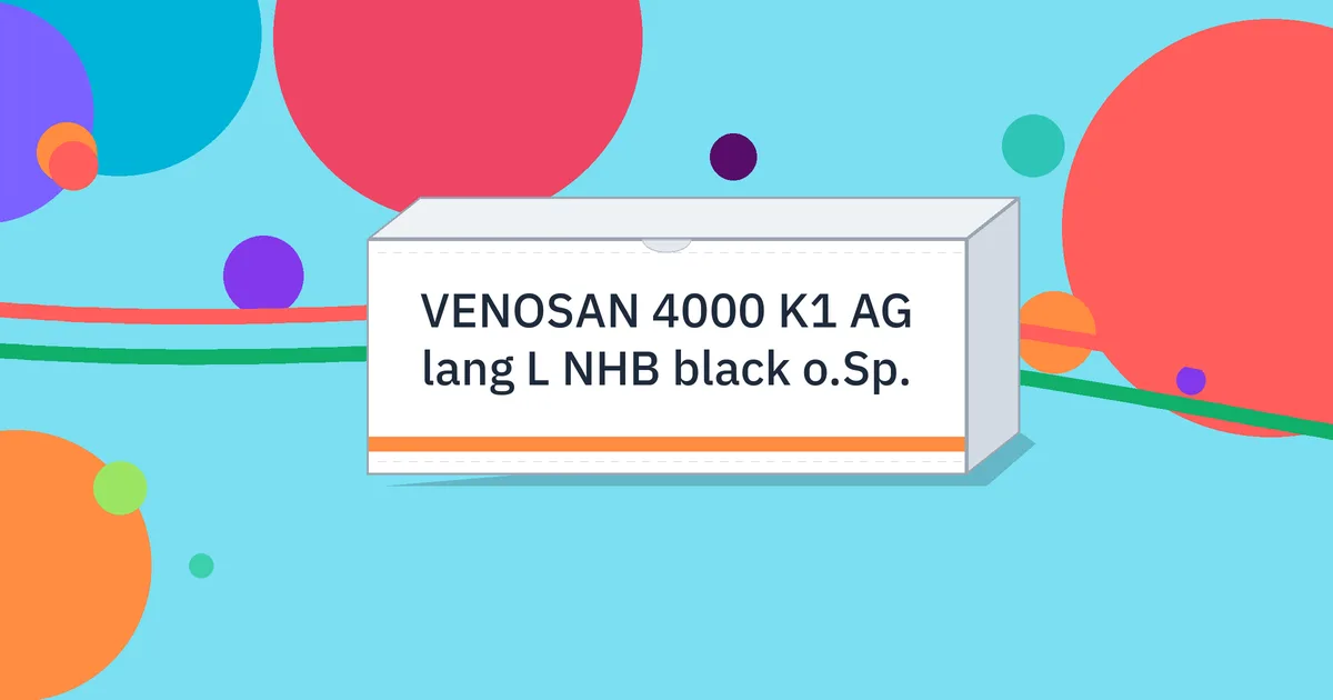 Symbolbild: Packung mit der Aufschrift VENOSAN 4000 K1 AG lang L NHB black o.Sp. (PZN 14426895) – Verfügbarkeit und Bezug in Apotheken in Frankfurt am Main