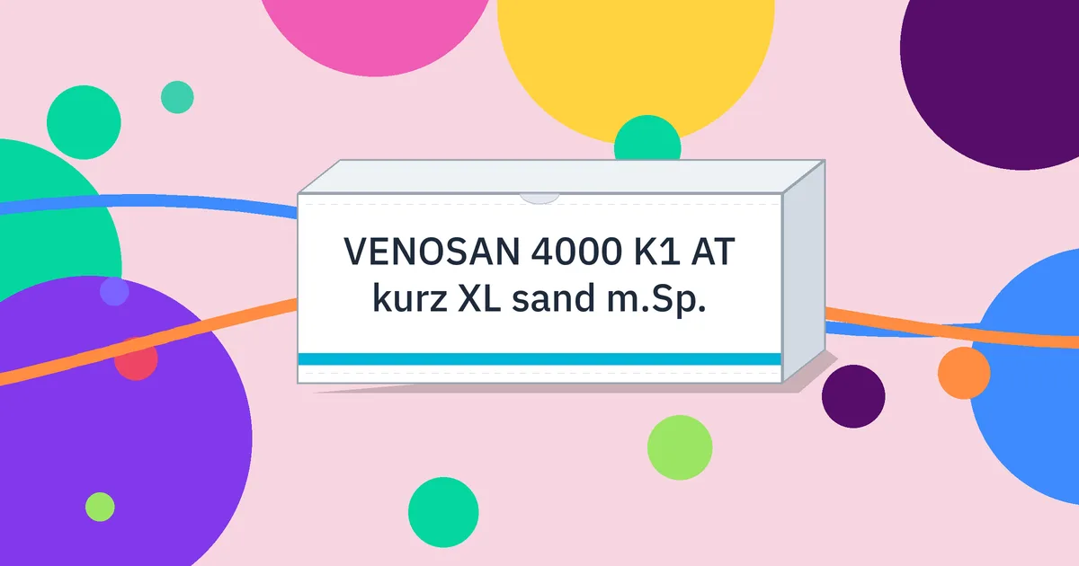 Symbolbild: Packung mit der Aufschrift VENOSAN 4000 K1 AT kurz XL sand m.Sp. (PZN 14422006) – Verfügbarkeit und Bezug in Apotheken in Frankfurt am Main