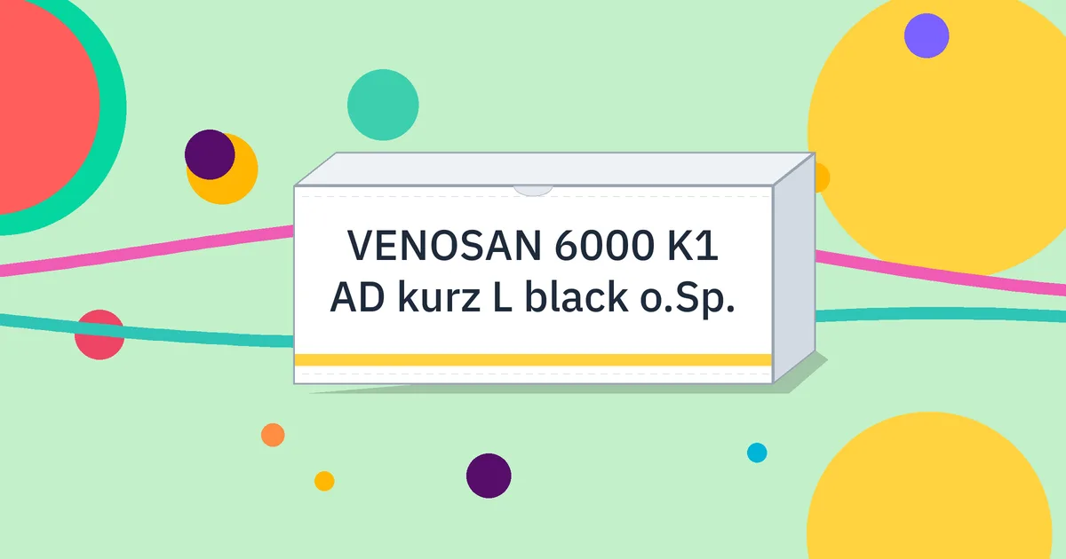 Symbolbild: Packung mit der Aufschrift VENOSAN 6000 K1 AD kurz L black o.Sp. (PZN 17171289) – Verfügbarkeit und Bezug in Apotheken in Frankfurt am Main