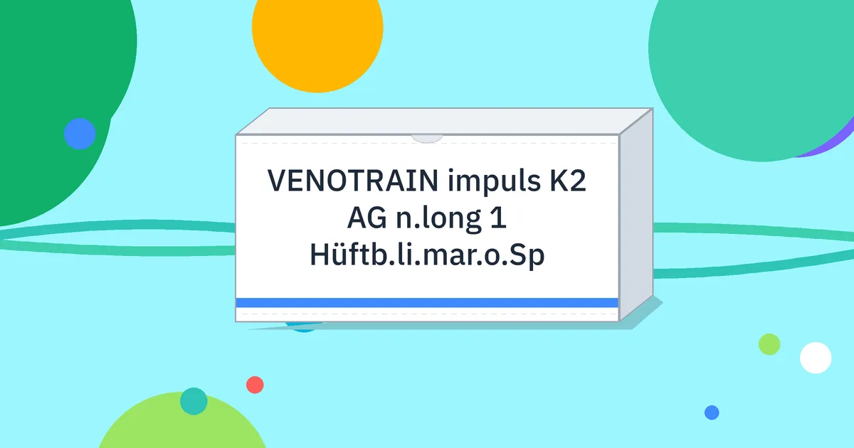 Symbolbild: Packung mit der Aufschrift VENOTRAIN impuls K2 AG n.long 1 Hüftb.li.mar.o.Sp (PZN 15219098) – Verfügbarkeit und Bezug in Apotheken in Frankfurt am Main