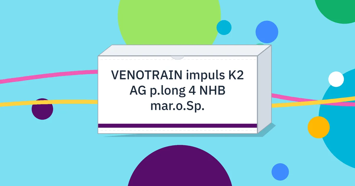 Symbolbild: Packung mit der Aufschrift VENOTRAIN impuls K2 AG p.long 4 NHB mar.o.Sp. (PZN 15214557) – Verfügbarkeit und Bezug in Apotheken in Frankfurt am Main