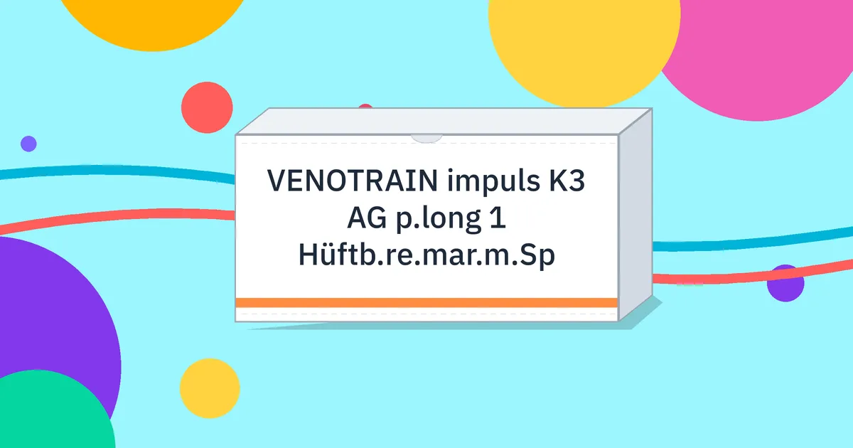 Symbolbild: Packung mit der Aufschrift VENOTRAIN impuls K3 AG p.long 1 Hüftb.re.mar.m.Sp (PZN 15217751) – Verfügbarkeit und Bezug in Apotheken in Frankfurt am Main