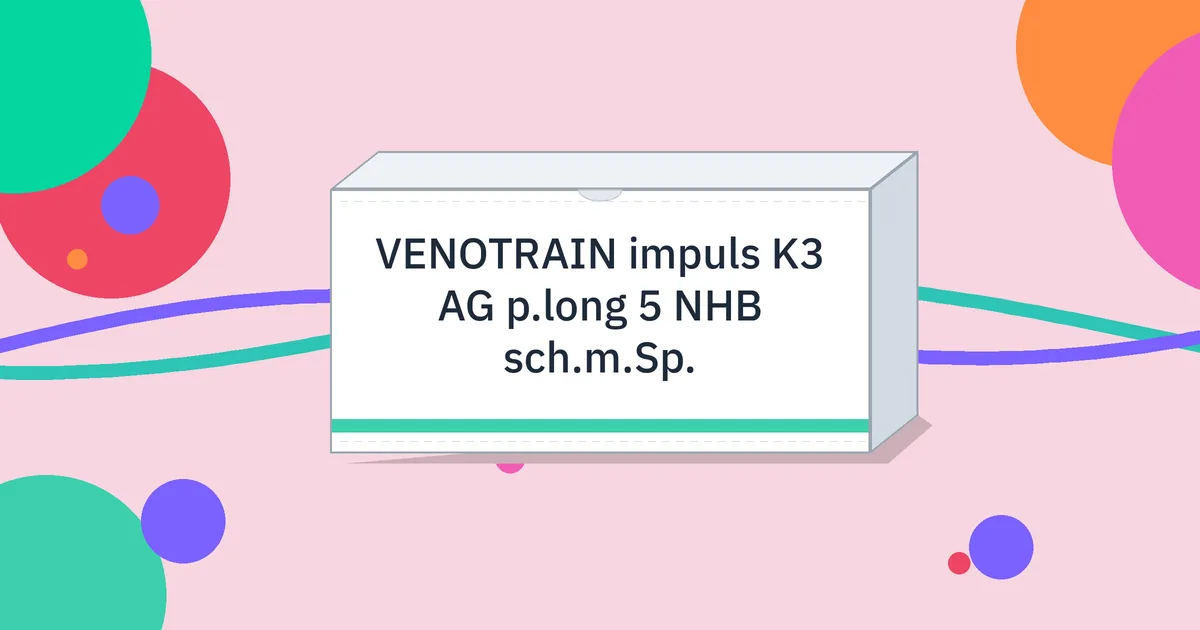 Symbolbild: Packung mit der Aufschrift VENOTRAIN impuls K3 AG p.long 5 NHB sch.m.Sp. (PZN 00536924) – Verfügbarkeit und Bezug in Apotheken in Frankfurt am Main