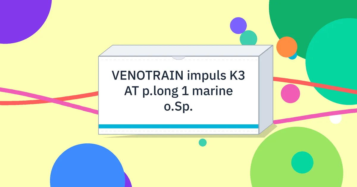 Symbolbild: Packung mit der Aufschrift VENOTRAIN impuls K3 AT p.long 1 marine o.Sp. (PZN 19356001) – Verfügbarkeit und Bezug in Apotheken in Frankfurt am Main