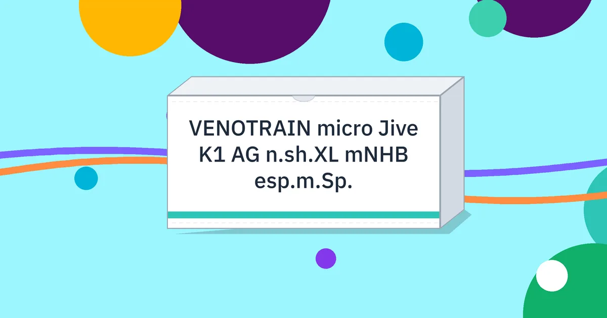 Symbolbild: Packung mit der Aufschrift VENOTRAIN micro Jive K1 AG n.sh.XL mNHB esp.m.Sp. (PZN 17760212) – Verfügbarkeit und Bezug in Apotheken in Frankfurt am Main