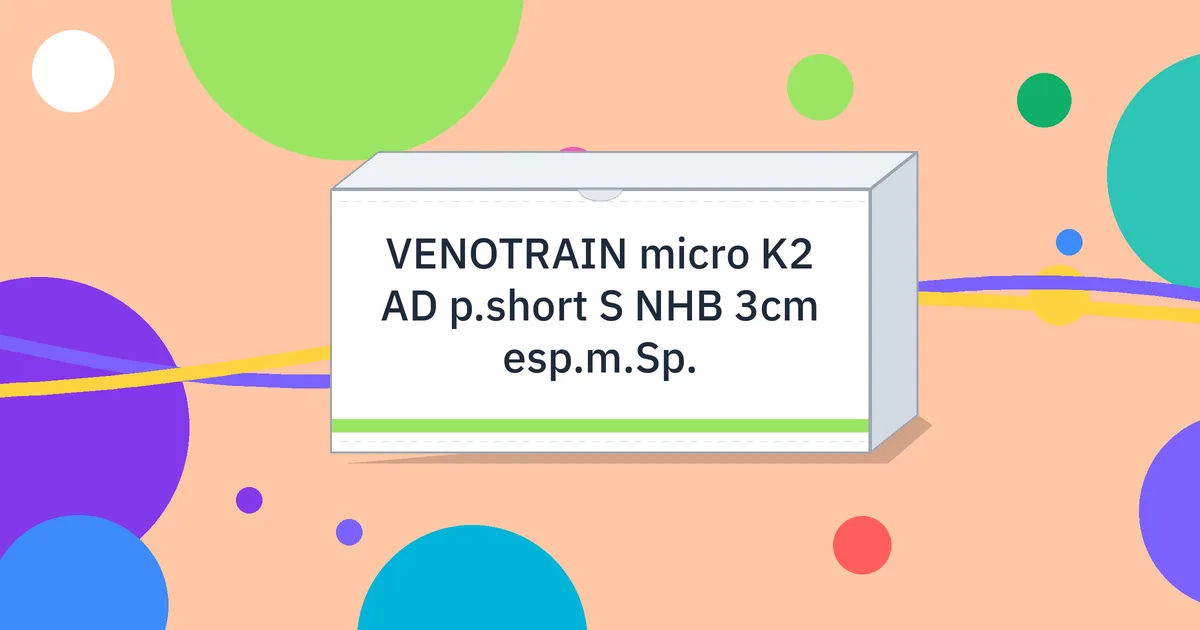 Symbolbild: Packung mit der Aufschrift VENOTRAIN micro K2 AD p.short S NHB 3cm esp.m.Sp. (PZN 05719339) – Verfügbarkeit und Bezug in Apotheken in Frankfurt am Main