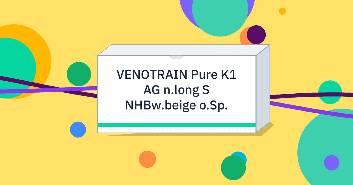Symbolbild: Packung mit der Aufschrift VENOTRAIN Pure K1 AG n.long S NHBw.beige o.Sp. (PZN 18145756) – Verfügbarkeit und Bezug in Apotheken in Frankfurt am Main