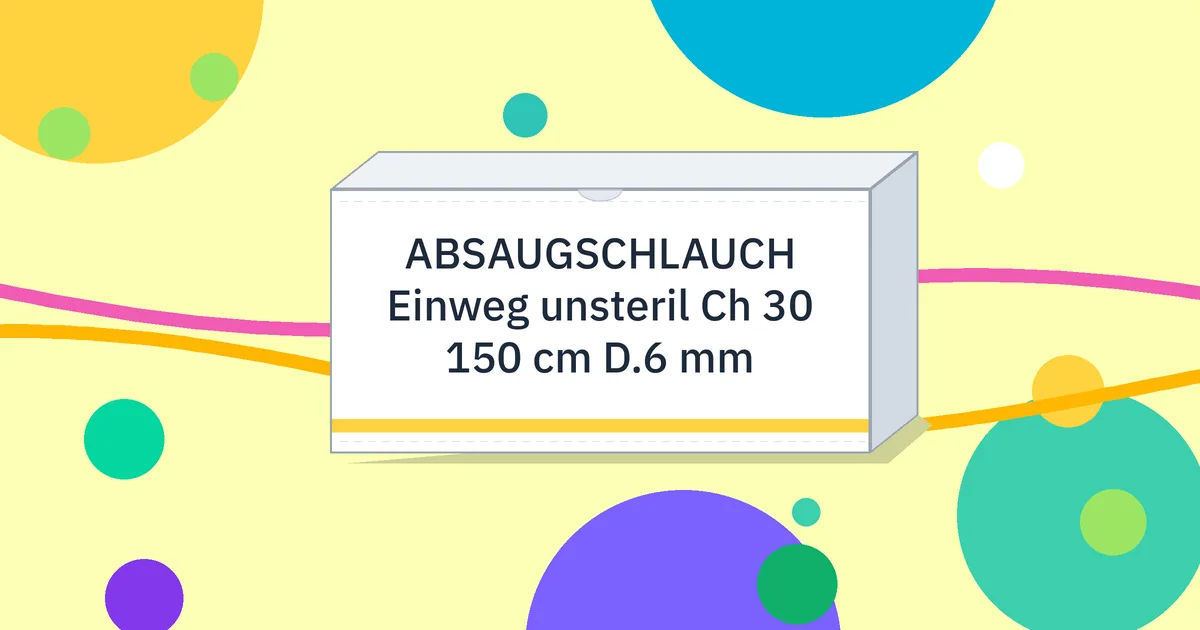 Symbolbild: Packung mit der Aufschrift ABSAUGSCHLAUCH Einweg unsteril Ch 30 150 cm D.6 mm (PZN 11119141) – Verfügbarkeit und Bezug in Apotheken in Frankfurt am Main