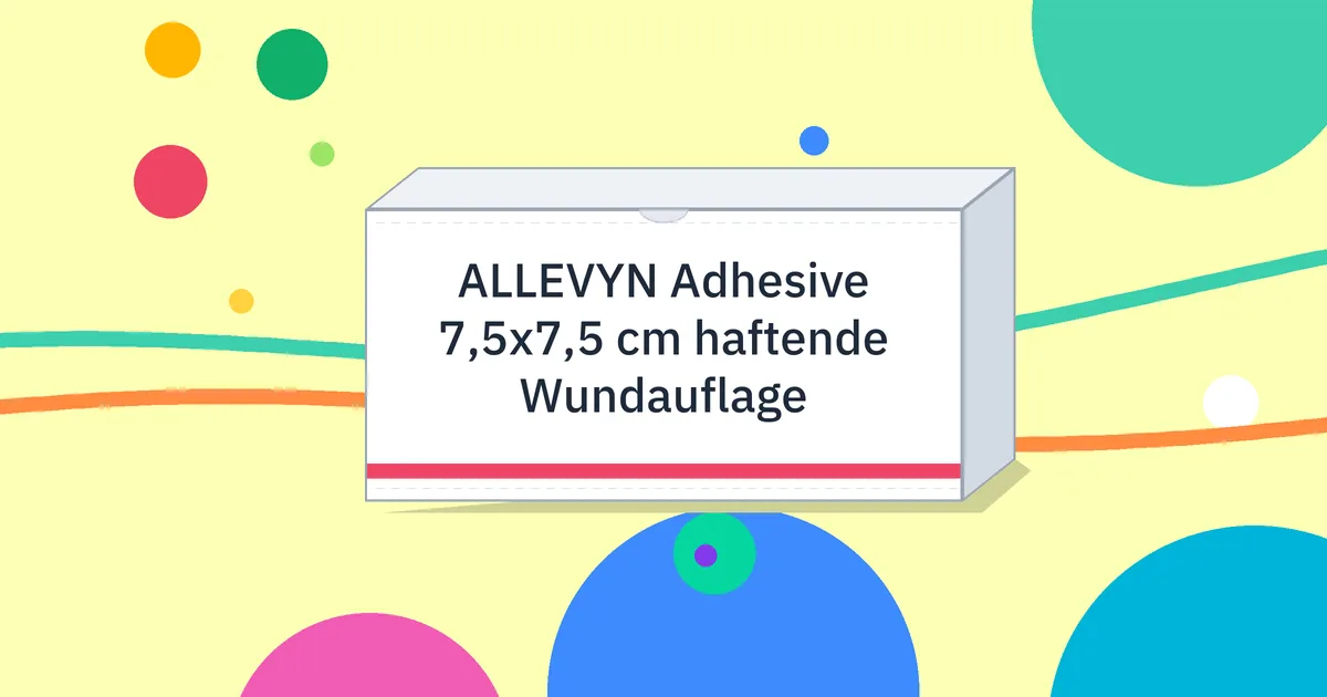 Symbolbild: Packung mit der Aufschrift ALLEVYN Adhesive 7,5x7,5 cm haftende Wundauflage (PZN 15418969) – Verfügbarkeit und Bezug in Apotheken in Frankfurt am Main