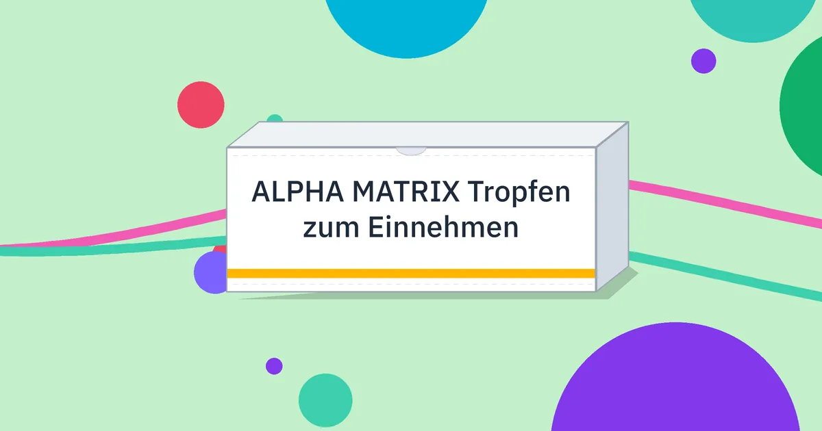 Symbolbild: Packung mit der Aufschrift ALPHA MATRIX Tropfen zum Einnehmen (PZN 18071041) – Verfügbarkeit und Bezug in Apotheken in Frankfurt am Main