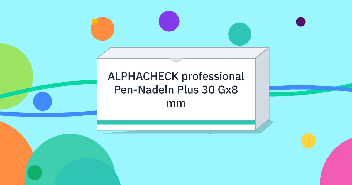 Symbolbild: Packung mit der Aufschrift ALPHACHECK professional Pen-Nadeln Plus 30 Gx8 mm (PZN 11531077) – Verfügbarkeit und Bezug in Apotheken in Frankfurt am Main