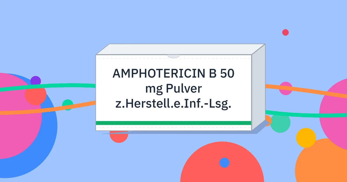 Symbolbild: Packung mit der Aufschrift AMPHOTERICIN B 50 mg Pulver z.Herstell.e.Inf.-Lsg. (PZN 09888168) – Verfügbarkeit und Bezug in Apotheken in Frankfurt am Main