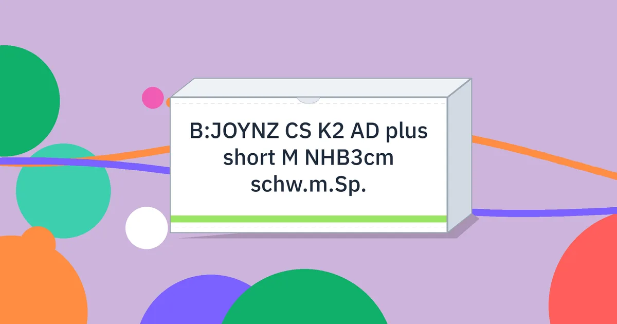 Symbolbild: Packung mit der Aufschrift B:JOYNZ CS K2 AD plus short M NHB3cm schw.m.Sp. (PZN 20530071) – Verfügbarkeit und Bezug in Apotheken in Frankfurt am Main