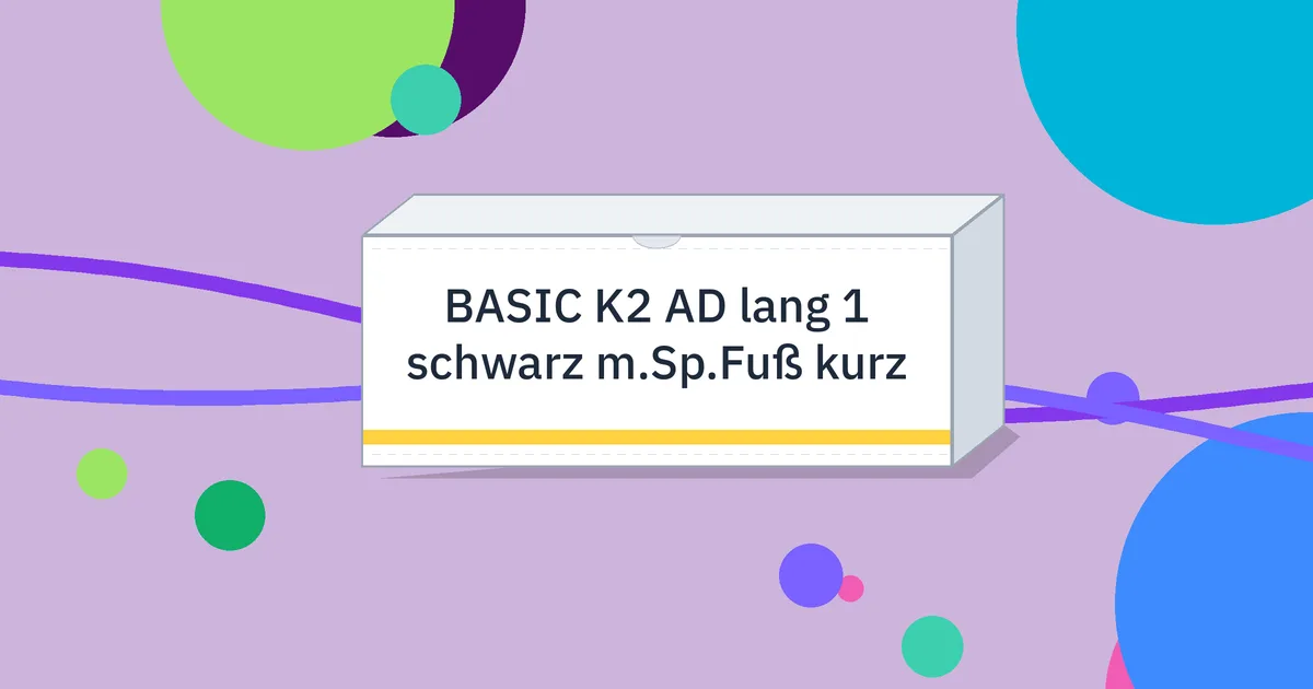 Symbolbild: Packung mit der Aufschrift BASIC K2 AD lang 1 schwarz m.Sp.Fuß kurz (PZN 20263397) – Verfügbarkeit und Bezug in Apotheken in Frankfurt am Main