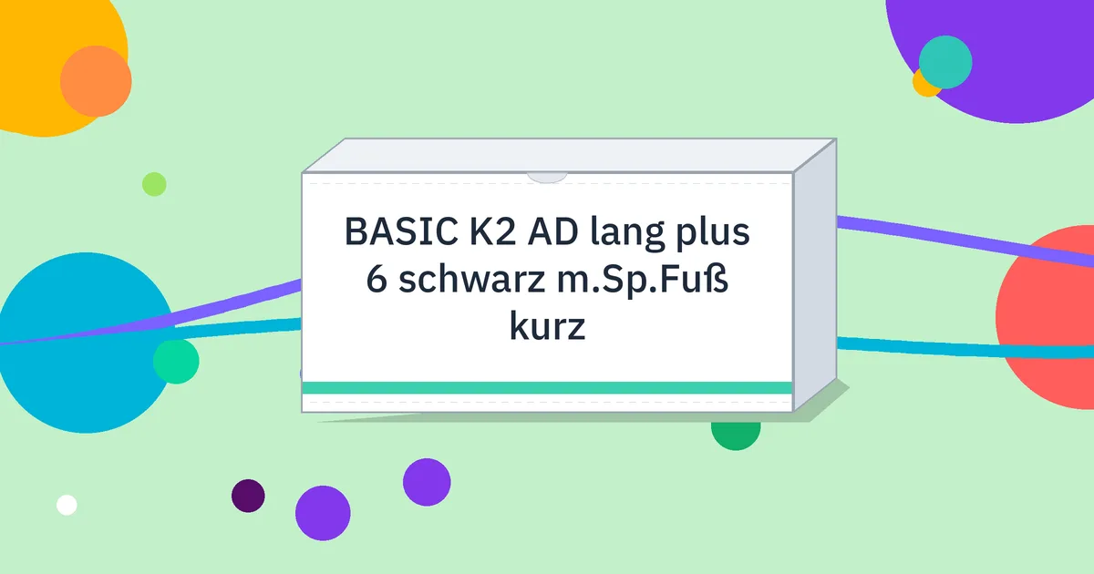 Symbolbild: Packung mit der Aufschrift BASIC K2 AD lang plus 6 schwarz m.Sp.Fuß kurz (PZN 20265657) – Verfügbarkeit und Bezug in Apotheken in Frankfurt am Main