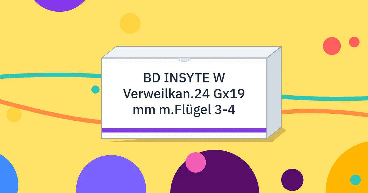Symbolbild: Packung mit der Aufschrift BD INSYTE W Verweilkan.24 Gx19 mm m.Flügel 3-4 (PZN 07546386) – Verfügbarkeit und Bezug in Apotheken in Frankfurt am Main