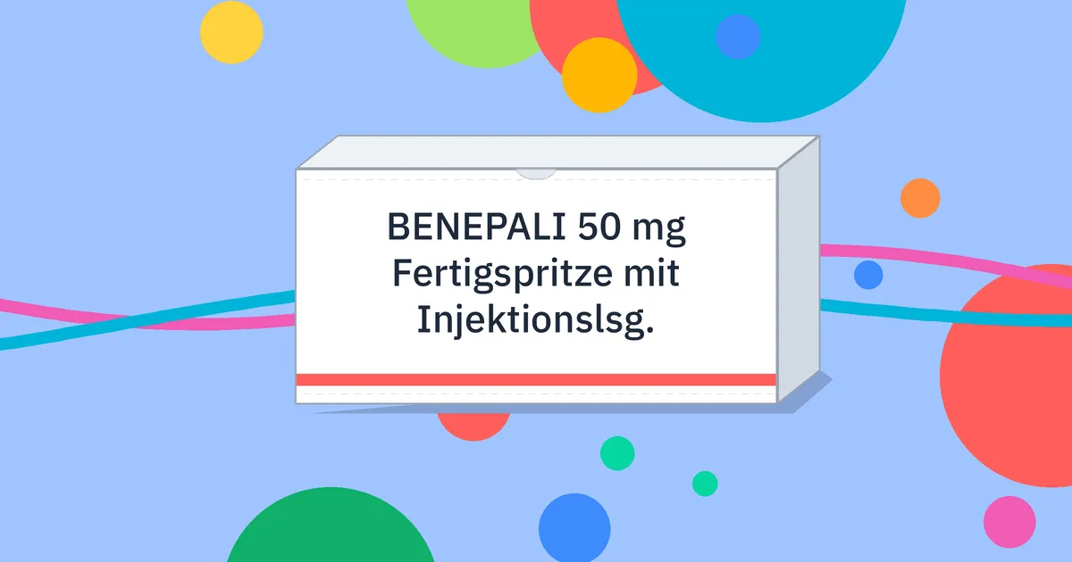 Symbolbild: Packung mit der Aufschrift BENEPALI 50 mg Fertigspritze mit Injektionslsg. (PZN 11879538) – Verfügbarkeit und Bezug in Apotheken in Frankfurt am Main