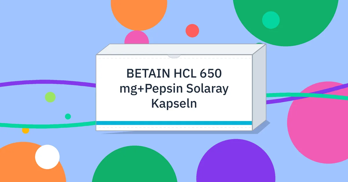 Symbolbild: Packung mit der Aufschrift BETAIN HCL 650 mg+Pepsin Solaray Kapseln (PZN 17906532) – Verfügbarkeit und Bezug in Apotheken in Frankfurt am Main