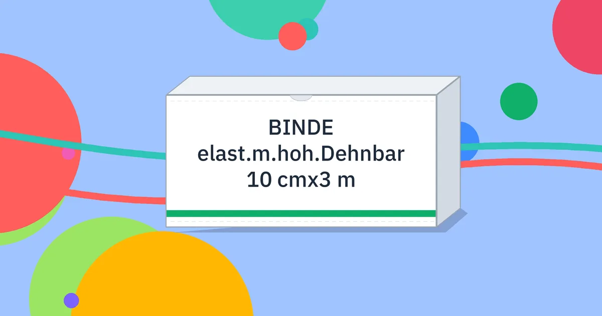 Symbolbild: Packung mit der Aufschrift BINDE elast.m.hoh.Dehnbar 10 cmx3 m (PZN 06931969) – Verfügbarkeit und Bezug in Apotheken in Frankfurt am Main