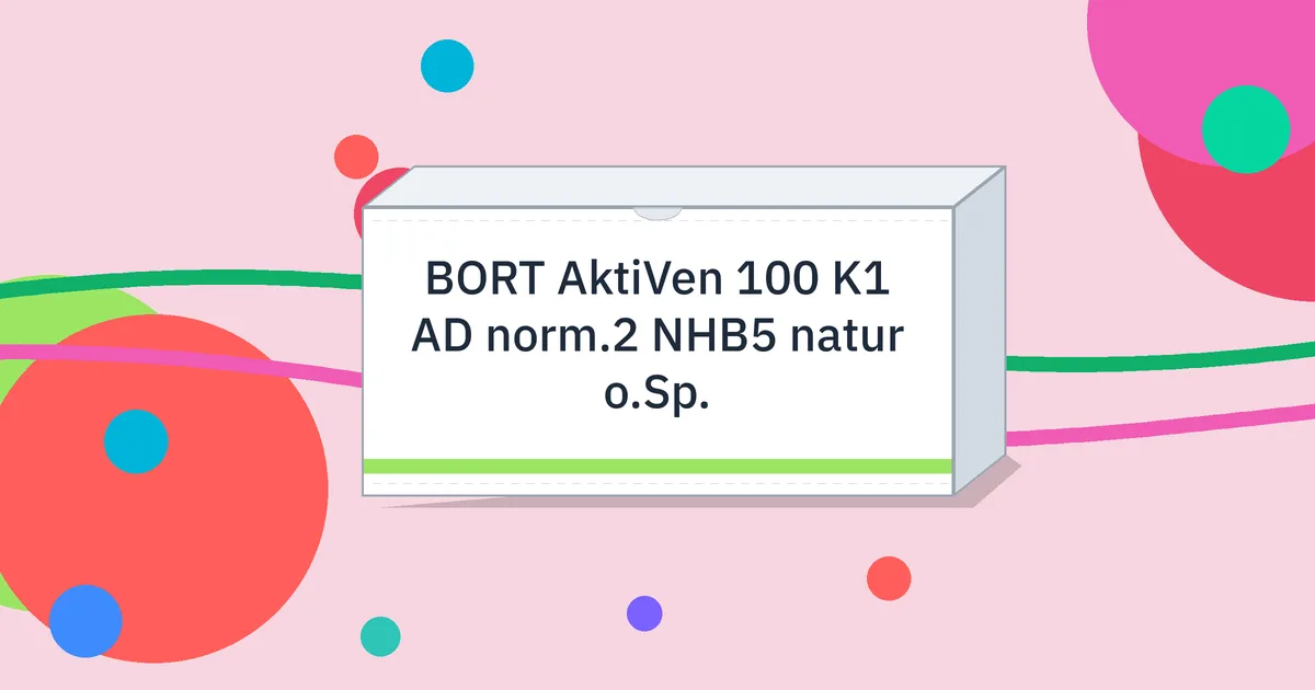 Symbolbild: Packung mit der Aufschrift BORT AktiVen 100 K1 AD norm.2 NHB5 natur o.Sp. (PZN 17493449) – Verfügbarkeit und Bezug in Apotheken in Frankfurt am Main