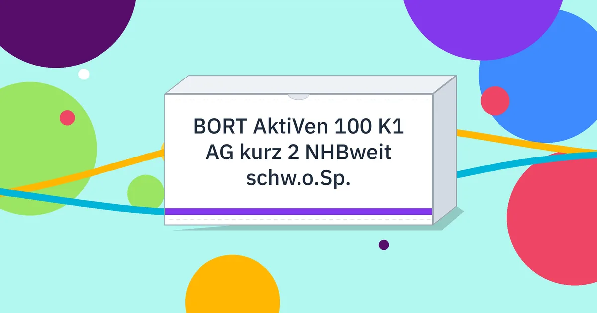 Symbolbild: Packung mit der Aufschrift BORT AktiVen 100 K1 AG kurz 2 NHBweit schw.o.Sp. (PZN 14387787) – Verfügbarkeit und Bezug in Apotheken in Frankfurt am Main