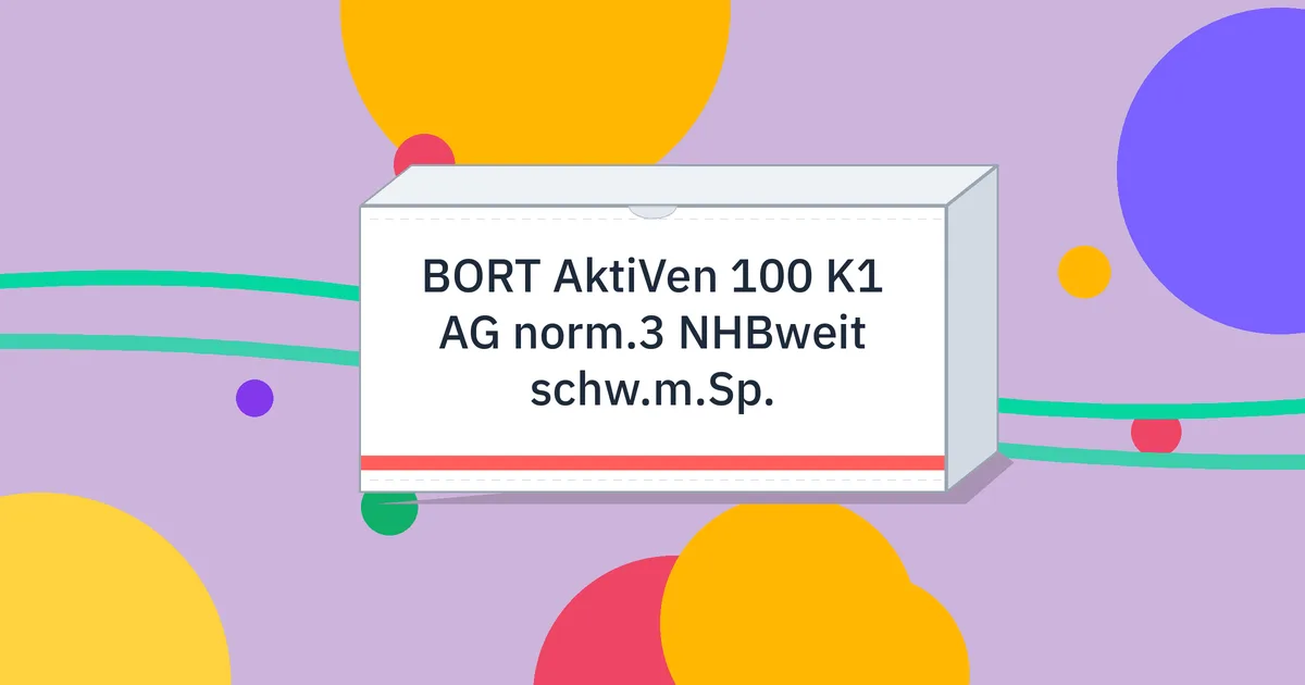 Symbolbild: Packung mit der Aufschrift BORT AktiVen 100 K1 AG norm.3 NHBweit schw.m.Sp. (PZN 14388321) – Verfügbarkeit und Bezug in Apotheken in Frankfurt am Main