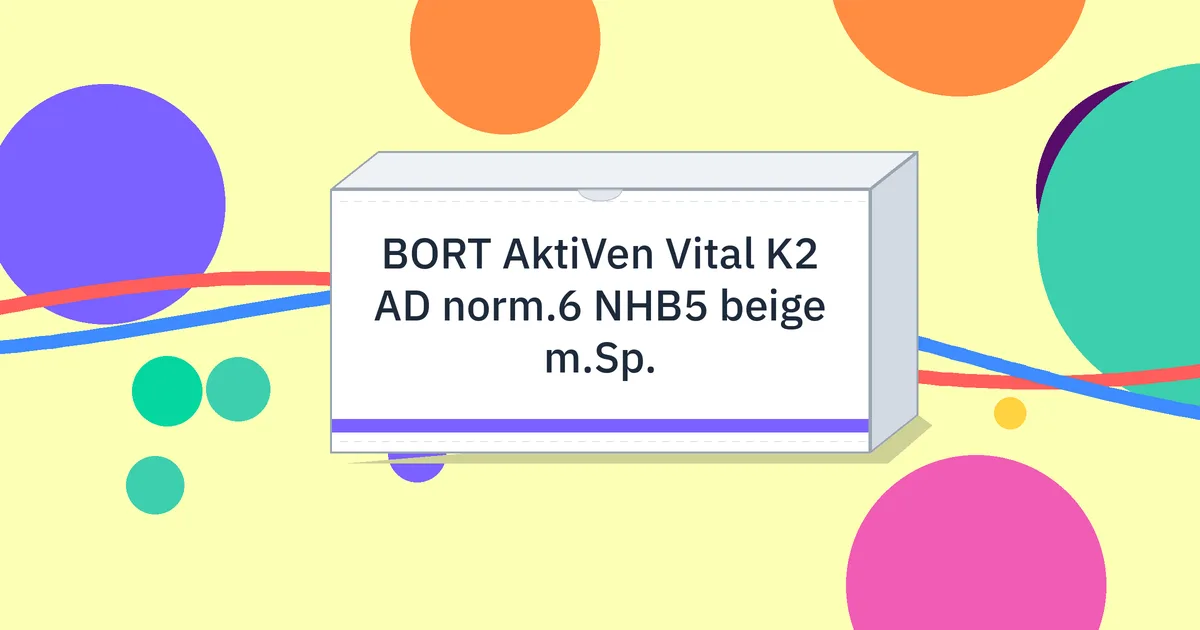 Symbolbild: Packung mit der Aufschrift BORT AktiVen Vital K2 AD norm.6 NHB5 beige m.Sp. (PZN 17494331) – Verfügbarkeit und Bezug in Apotheken in Frankfurt am Main