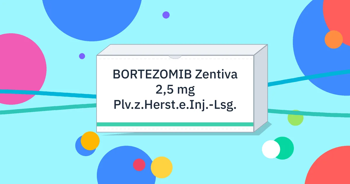 Symbolbild: Packung mit der Aufschrift BORTEZOMIB Zentiva 2,5 mg Plv.z.Herst.e.Inj.-Lsg. (PZN 16819104) – Verfügbarkeit und Bezug in Apotheken in Frankfurt am Main