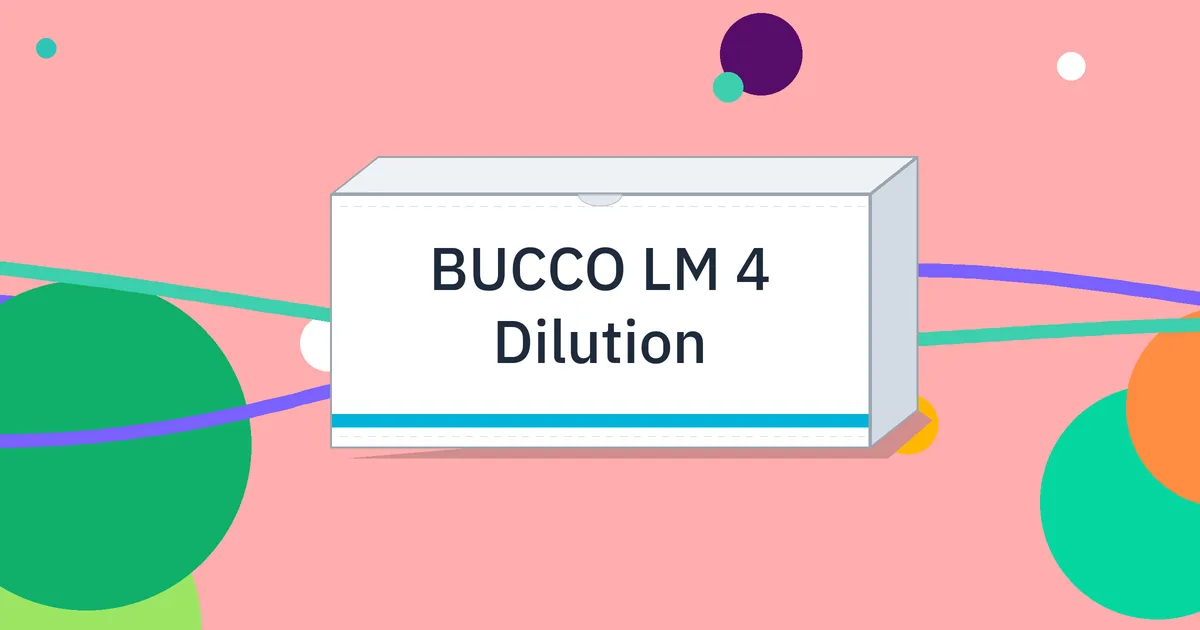 Symbolbild: Packung mit der Aufschrift BUCCO LM 4 Dilution (PZN 13398091) – Verfügbarkeit und Bezug in Apotheken in Frankfurt am Main