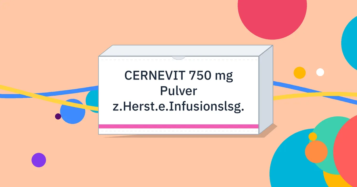 Symbolbild: Packung mit der Aufschrift CERNEVIT 750 mg Pulver z.Herst.e.Infusionslsg. (PZN 04634345) – Verfügbarkeit und Bezug in Apotheken in Frankfurt am Main
