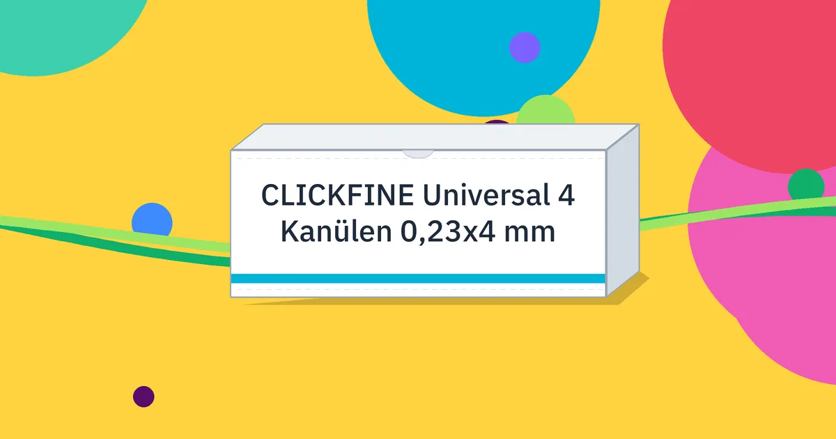 Symbolbild: Packung mit der Aufschrift CLICKFINE Universal 4 Kanülen 0,23x4 mm (PZN 10258053) – Verfügbarkeit und Bezug in Apotheken in Frankfurt am Main