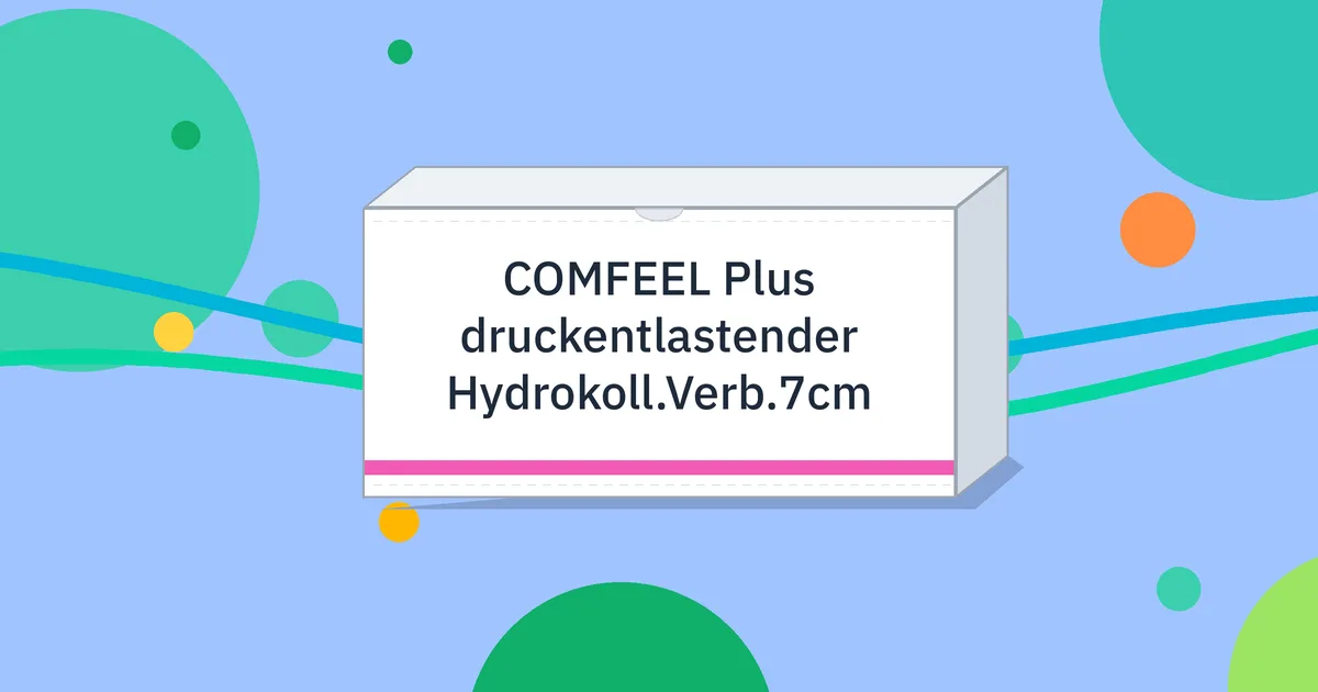 Symbolbild: Packung mit der Aufschrift COMFEEL Plus druckentlastender Hydrokoll.Verb.7cm (PZN 13343724) – Verfügbarkeit und Bezug in Apotheken in Frankfurt am Main